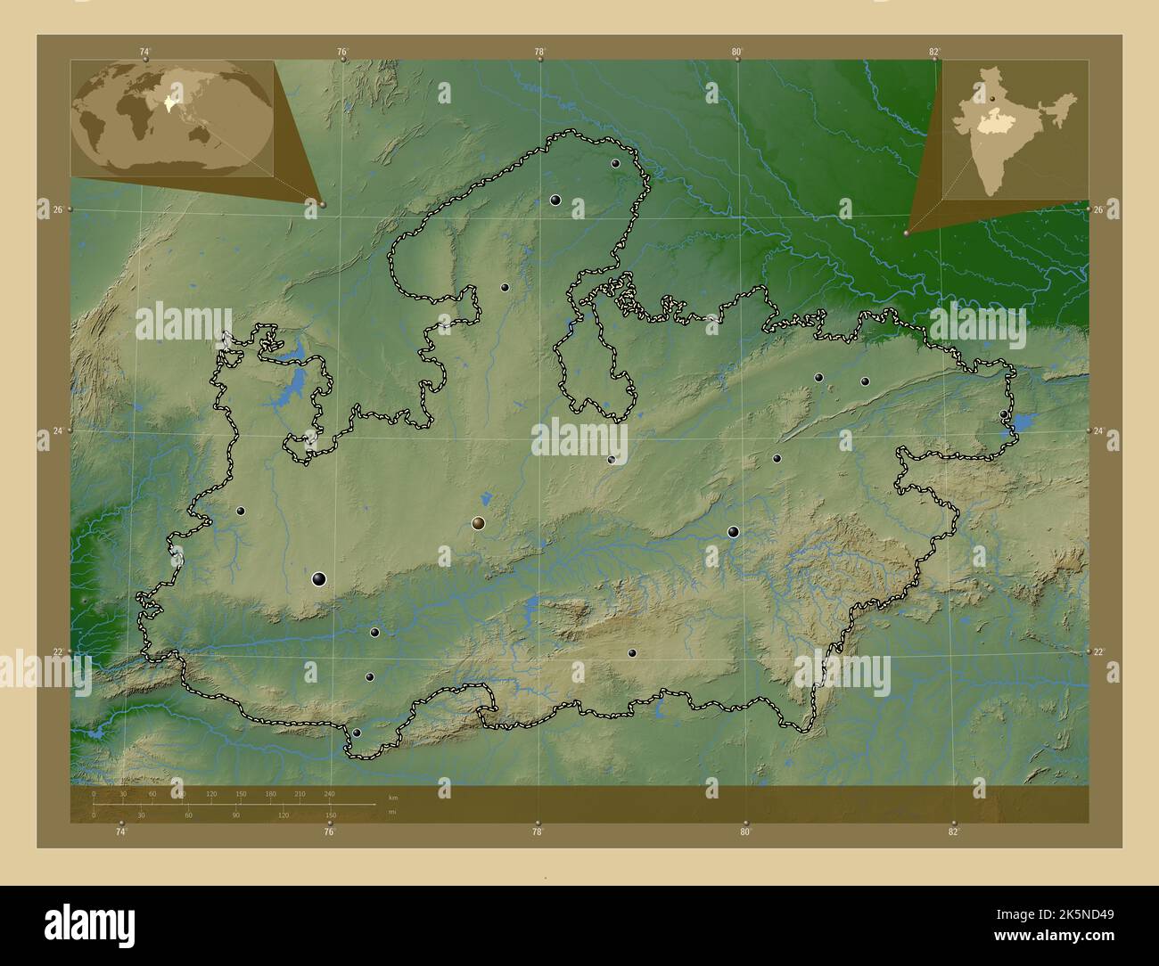 Madhya Pradesh, state of India. Colored elevation map with lakes and ...