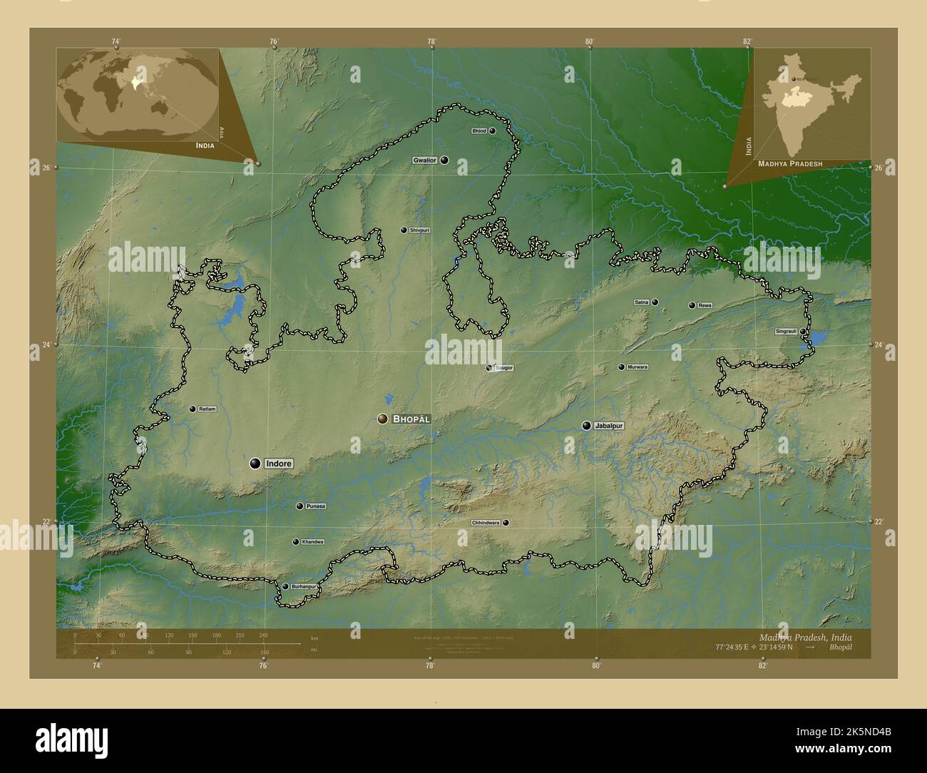 Madhya Pradesh, state of India. Colored elevation map with lakes and ...