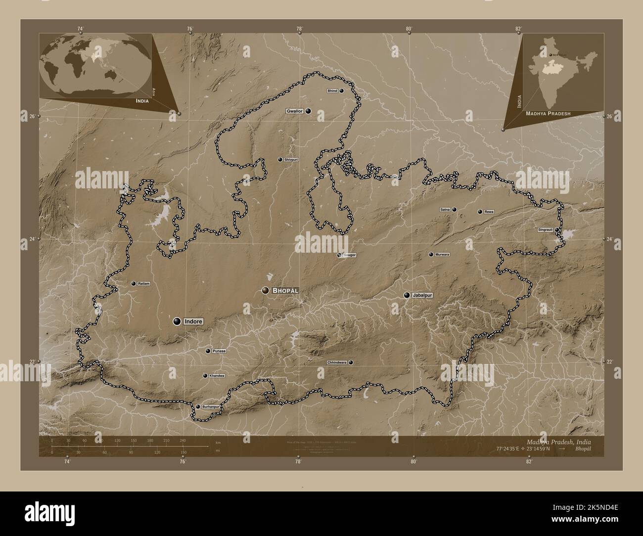 Madhya Pradesh, state of India. Elevation map colored in sepia tones ...