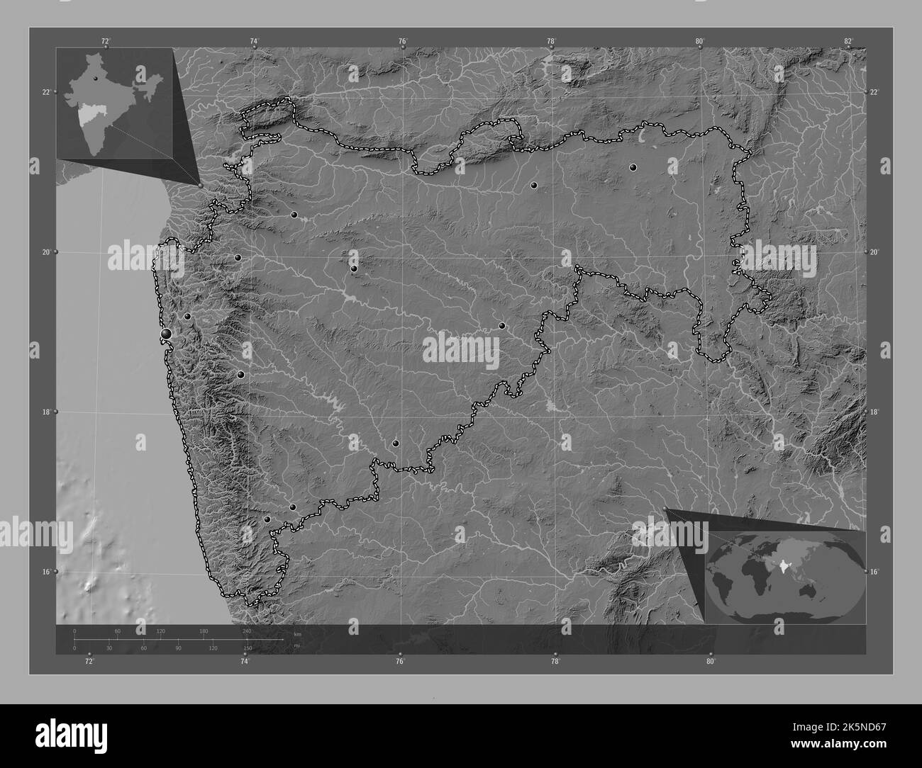 Maharashtra, state of India. Bilevel elevation map with lakes and ...