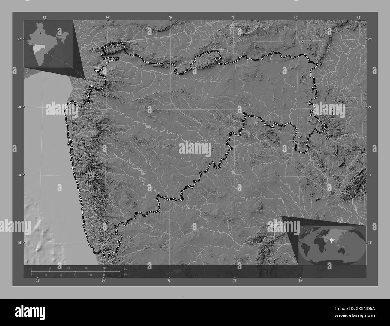 Maharashtra, state of India. Bilevel elevation map with lakes and ...