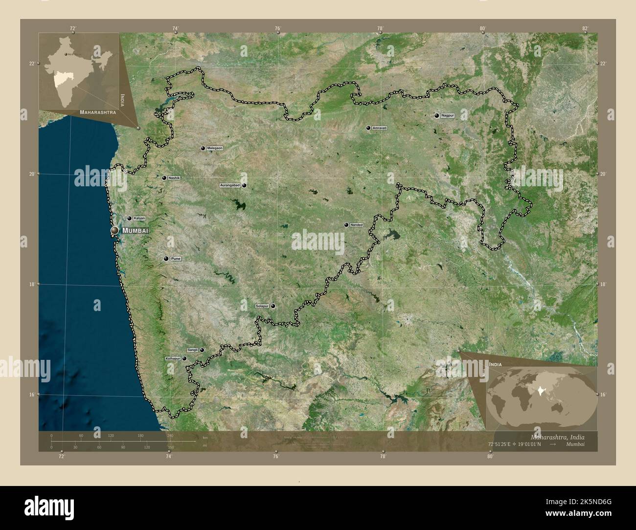 Maharashtra, state of India. High resolution satellite map. Locations ...