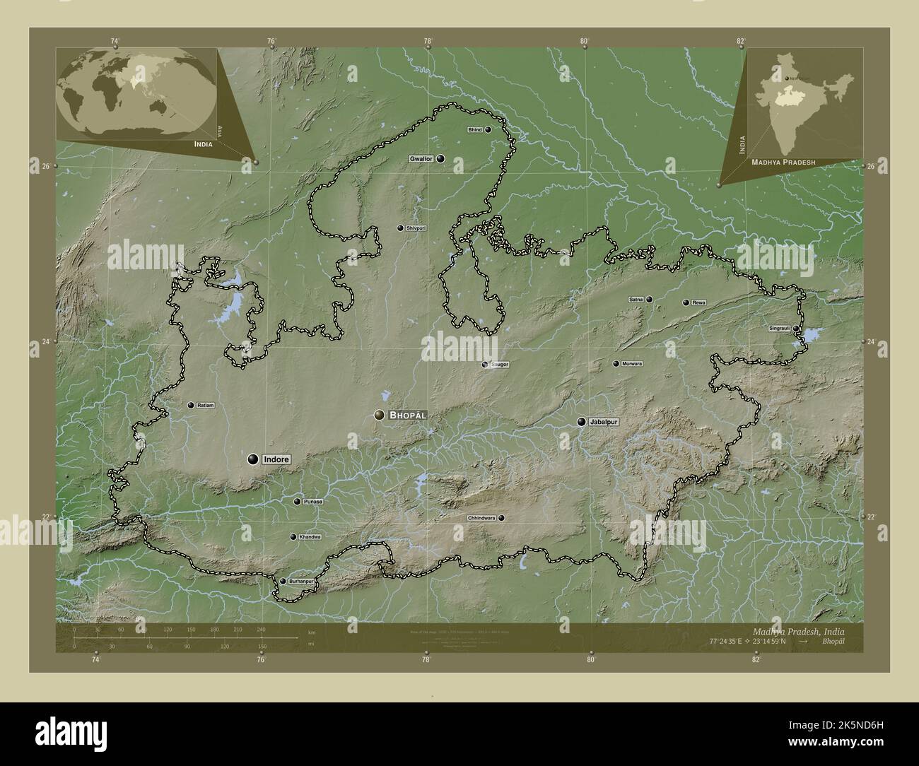 Madhya Pradesh, state of India. Elevation map colored in wiki style ...