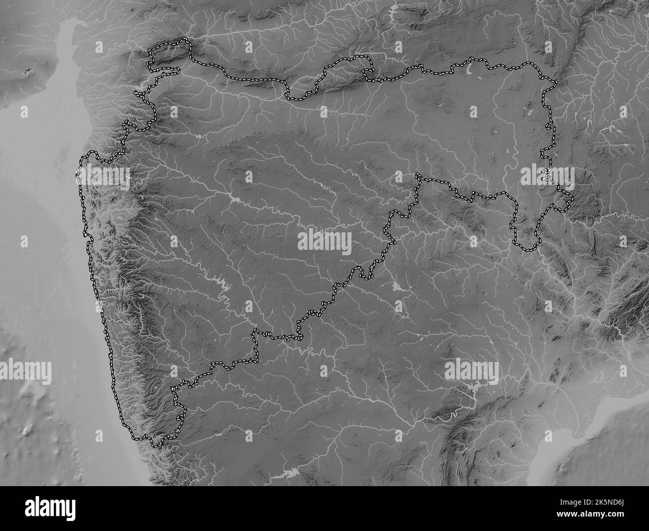 Maharashtra, state of India. Grayscale elevation map with lakes and ...