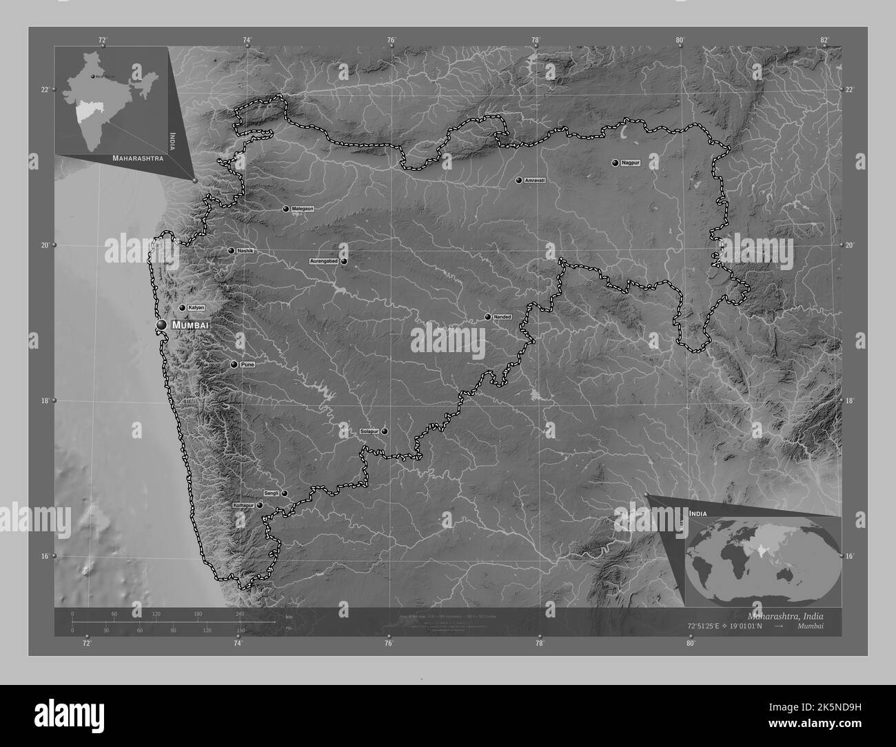 Maharashtra, state of India. Grayscale elevation map with lakes and ...