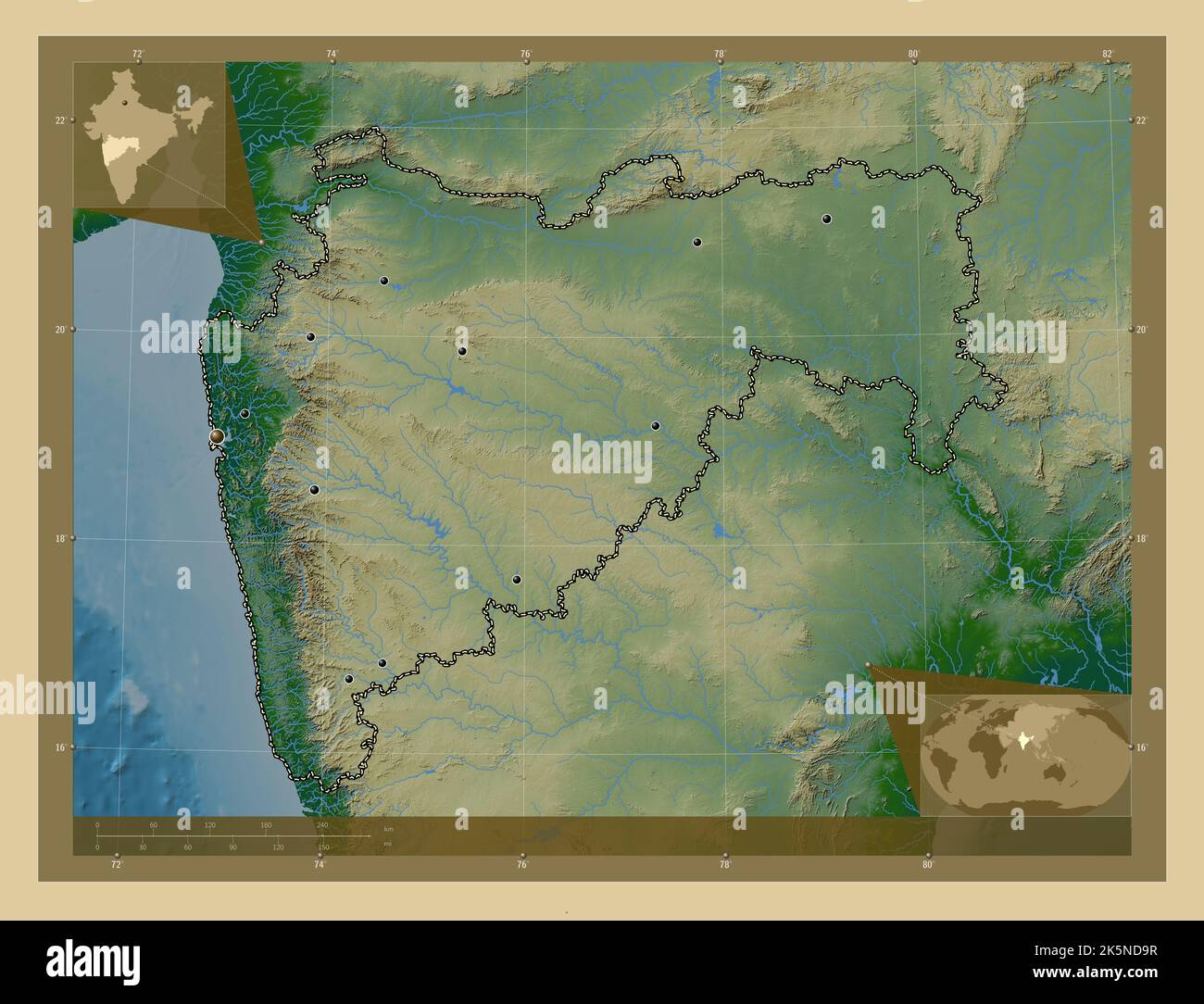 Maharashtra, state of India. Colored elevation map with lakes and ...