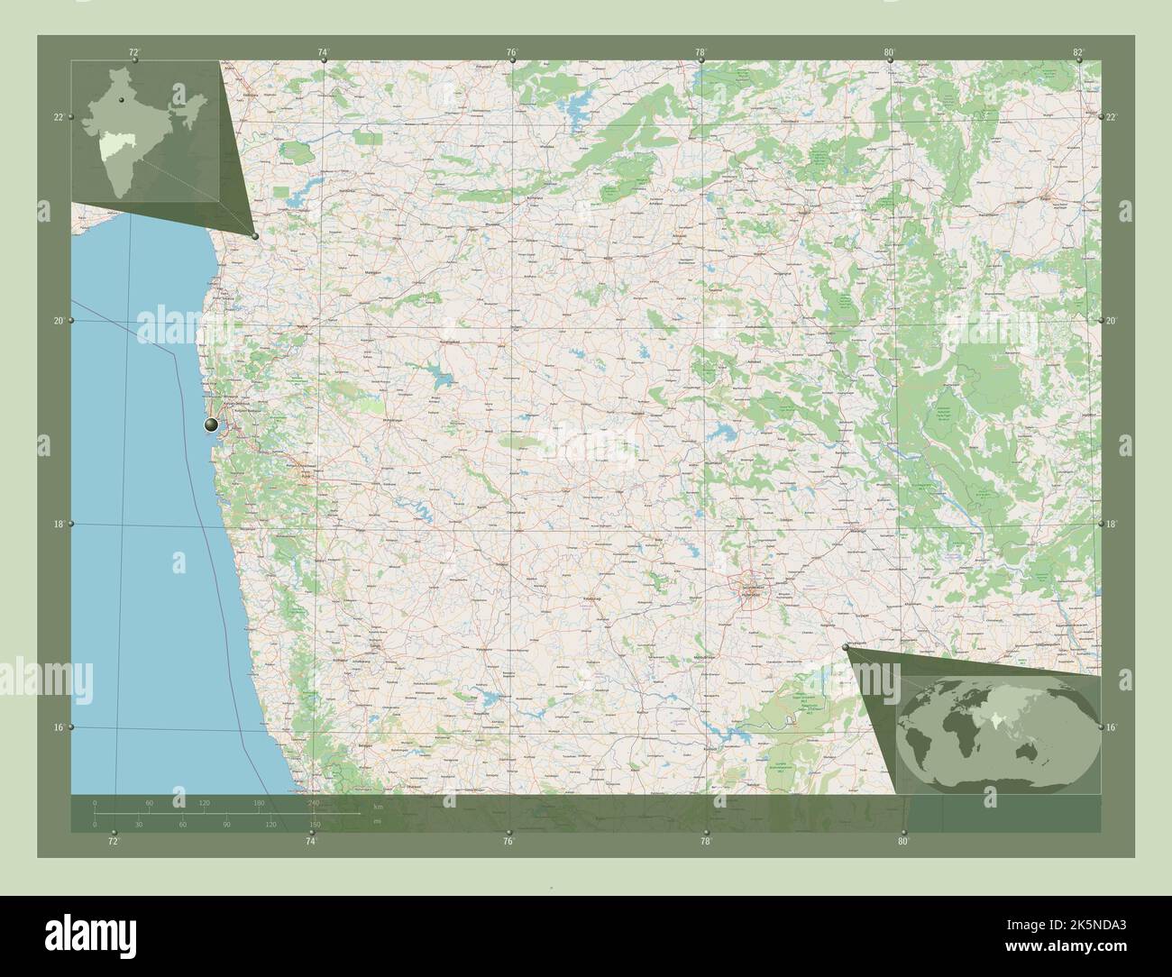 Maharashtra, state of India. Open Street Map. Corner auxiliary location ...