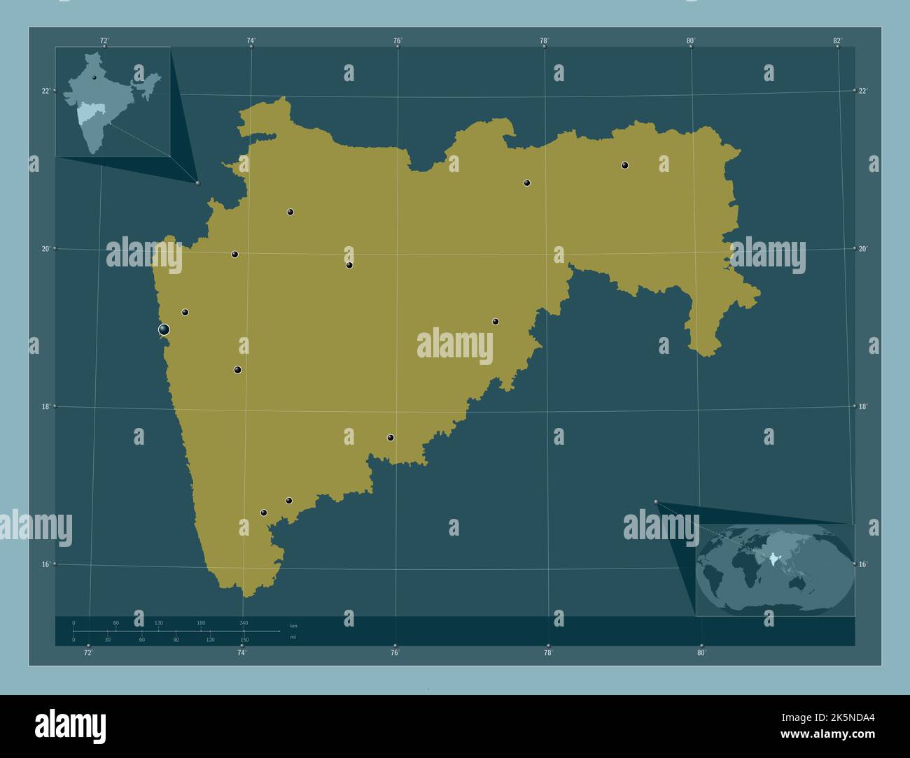 Maharashtra, state of India. Solid color shape. Locations of major ...