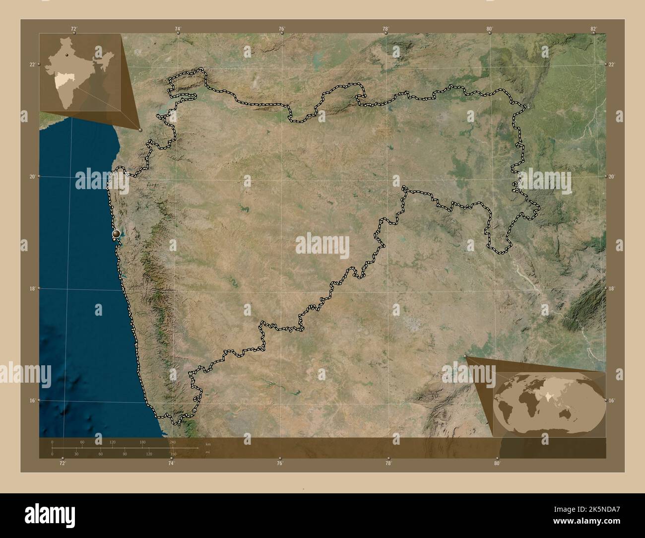 Maharashtra, state of India. Low resolution satellite map. Corner ...