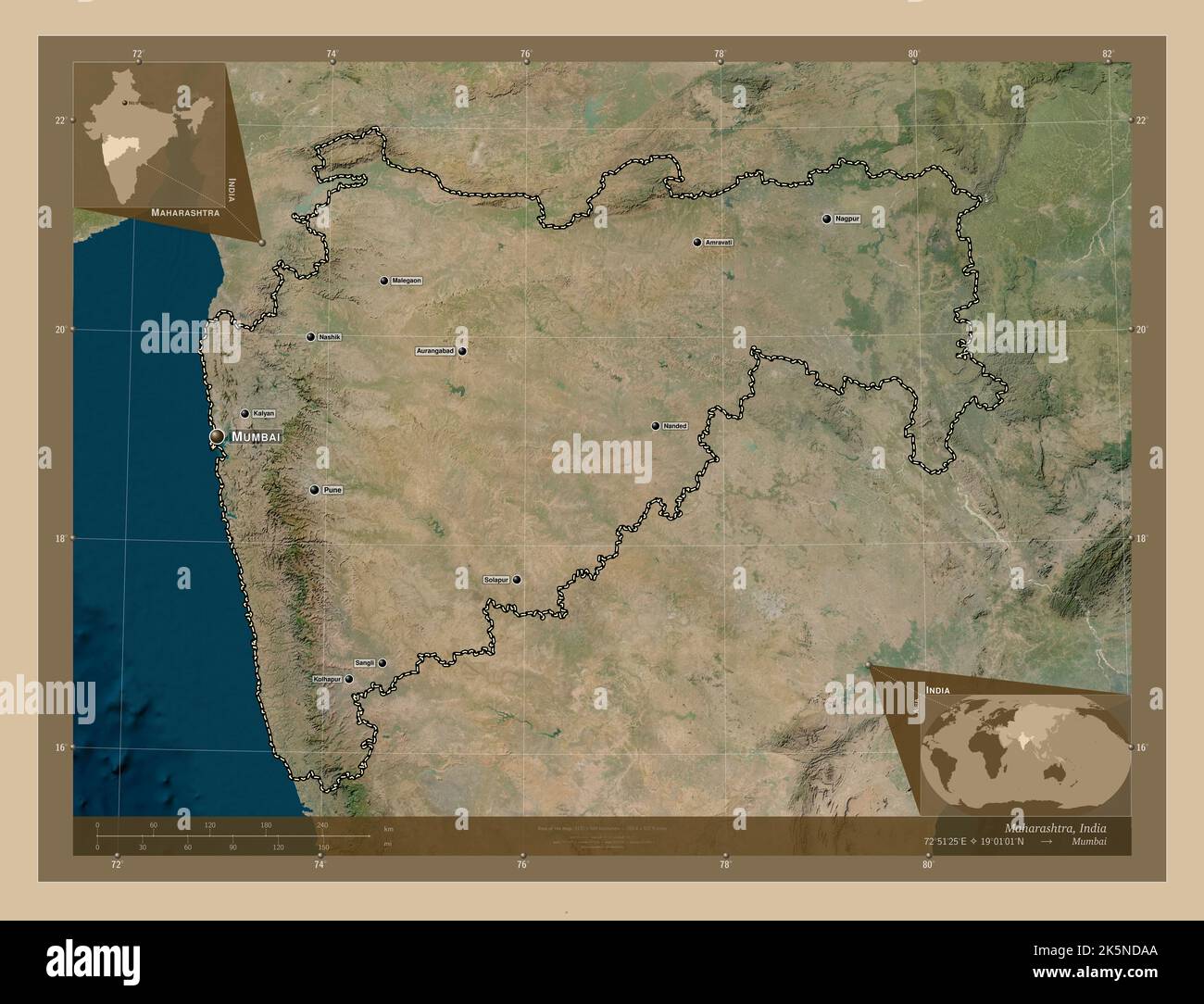 Maharashtra, state of India. Low resolution satellite map. Locations ...