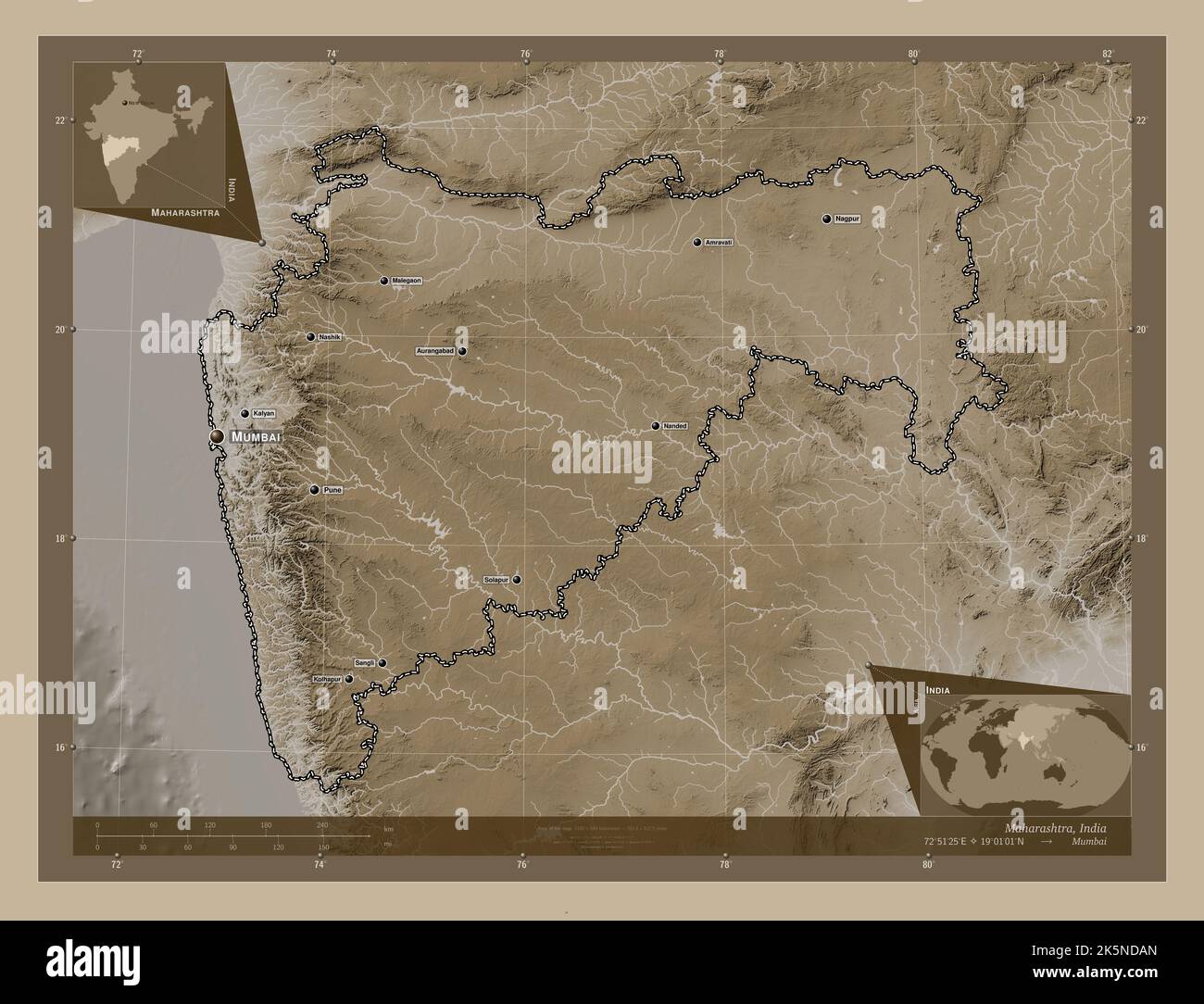 Maharashtra, state of India. Elevation map colored in sepia tones with ...