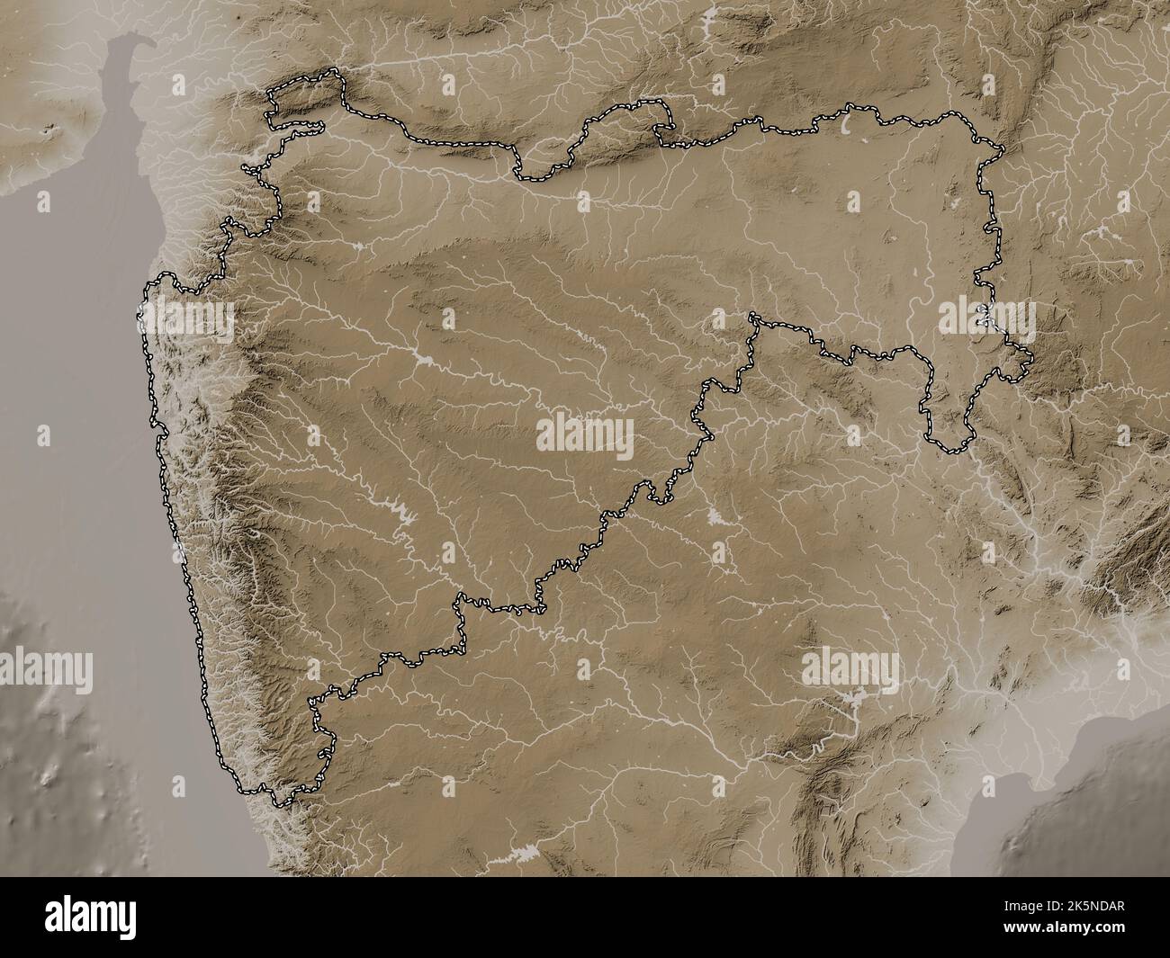 Maharashtra, state of India. Elevation map colored in sepia tones with ...