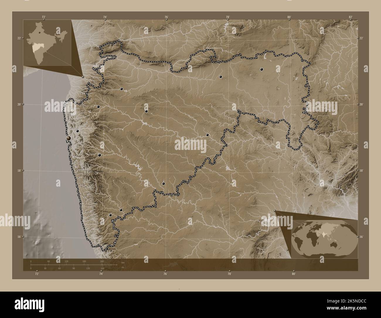 Maharashtra, state of India. Elevation map colored in sepia tones with ...