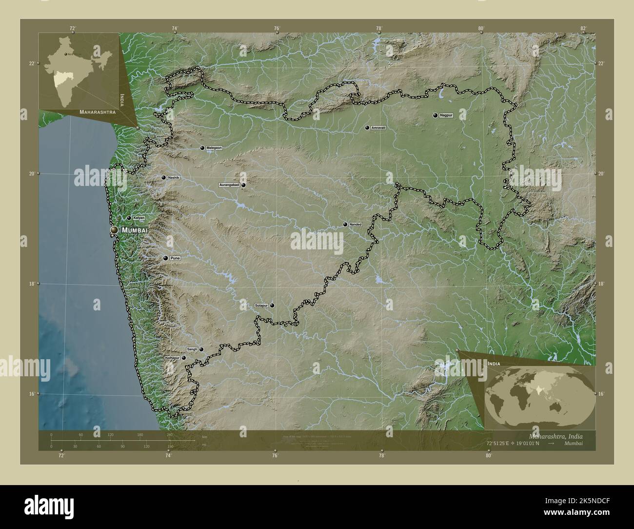 Maharashtra, state of India. Elevation map colored in wiki style with ...
