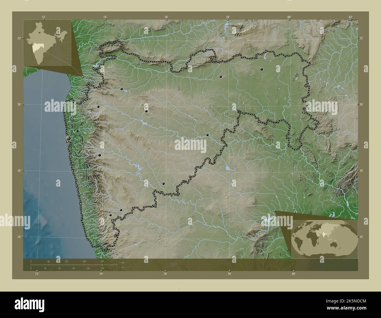 Maharashtra, state of India. Elevation map colored in wiki style with ...
