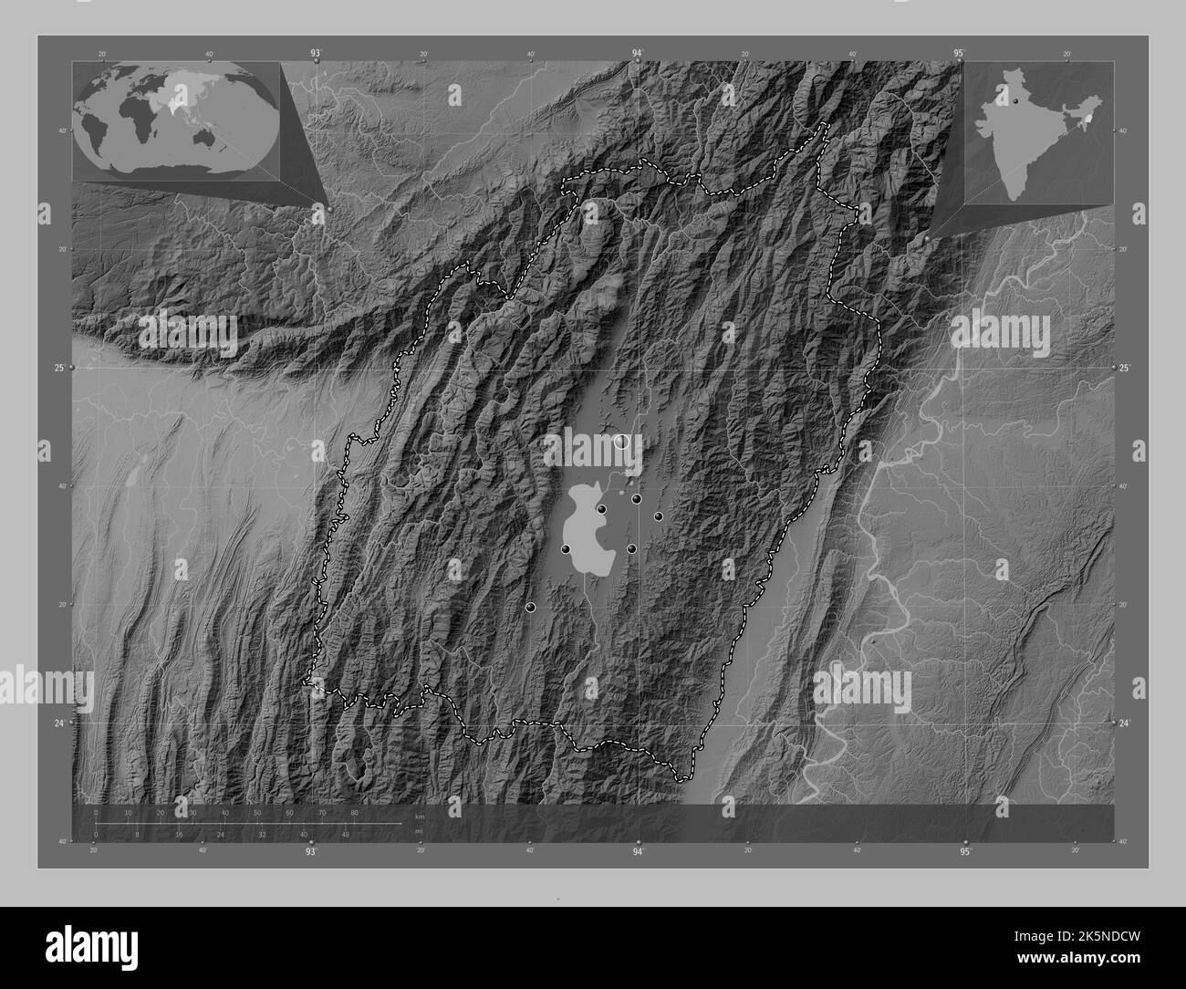 Manipur, state of India. Grayscale elevation map with lakes and rivers ...