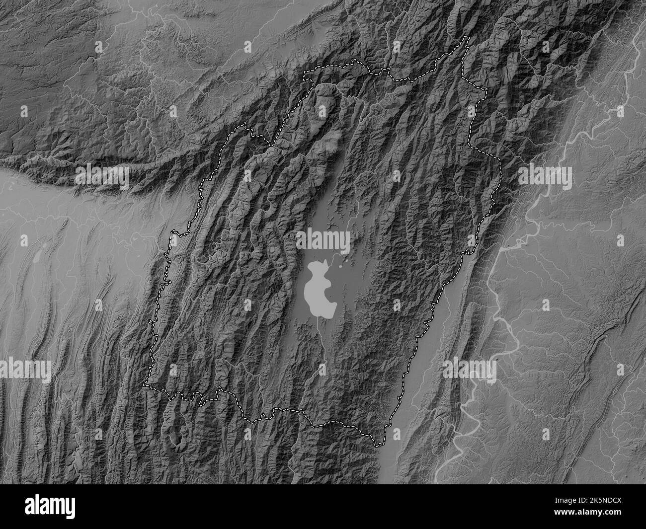 Manipur, state of India. Grayscale elevation map with lakes and rivers ...