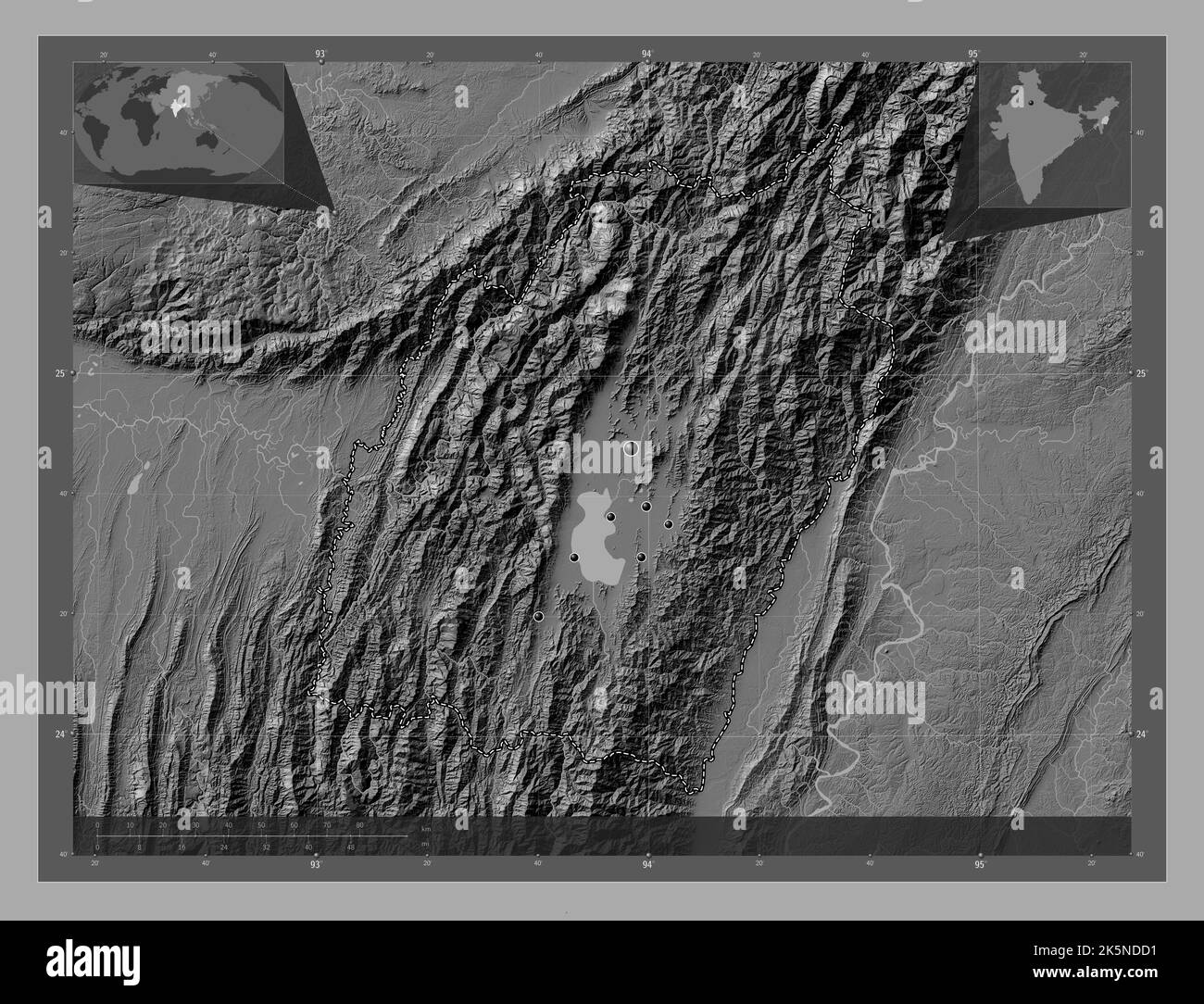 Manipur, state of India. Bilevel elevation map with lakes and rivers ...