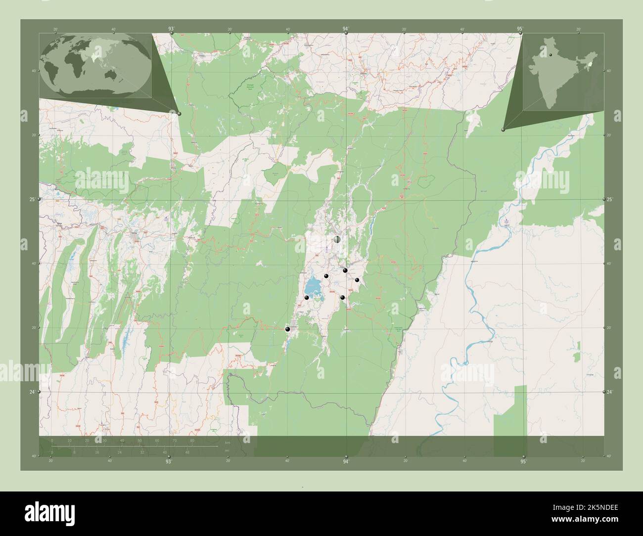 Manipur, state of India. Open Street Map. Locations of major cities of ...