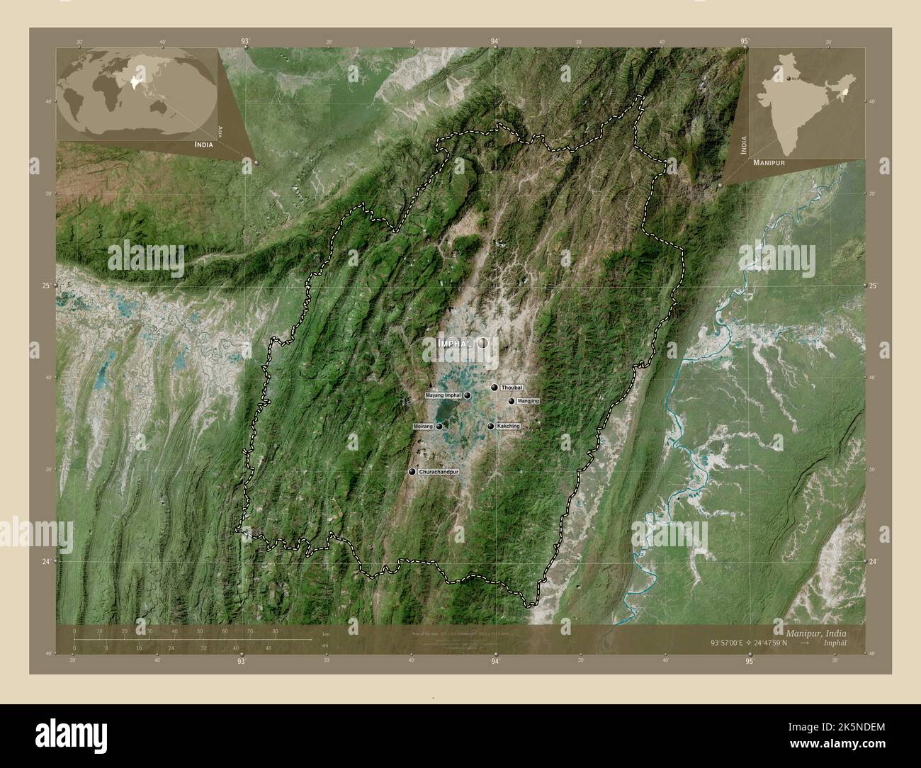 Manipur, state of India. High resolution satellite map. Locations and ...