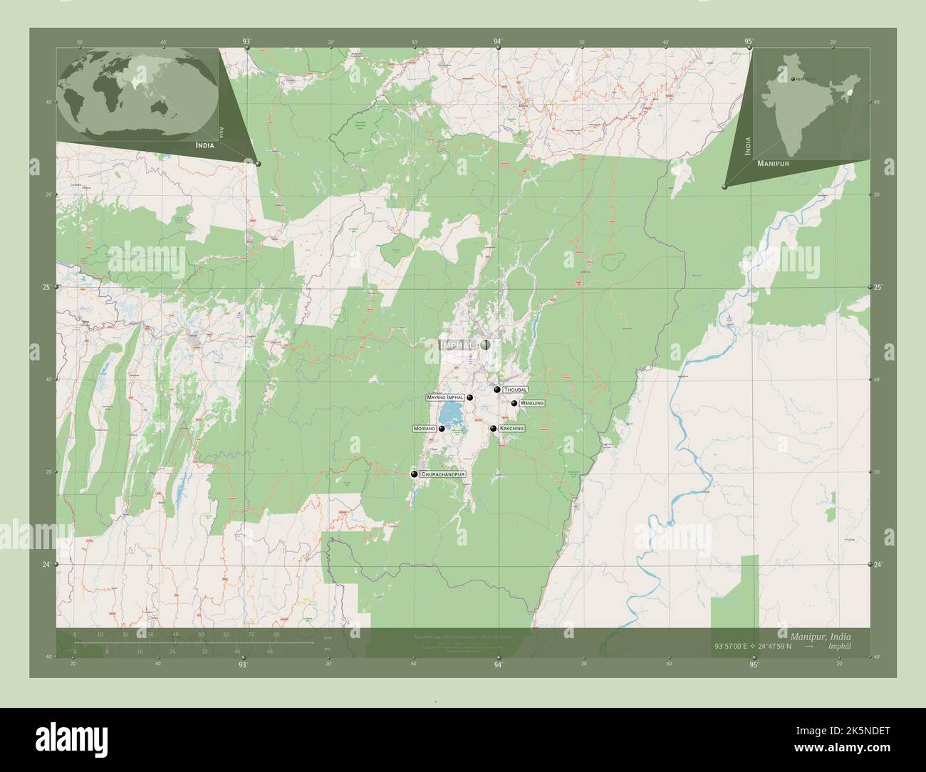 Manipur, state of India. Open Street Map. Locations and names of major ...