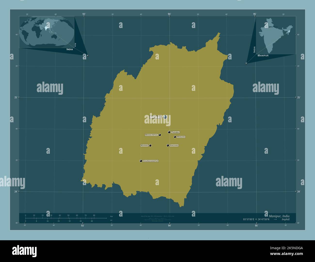 Manipur, state of India. Solid color shape. Locations and names of ...