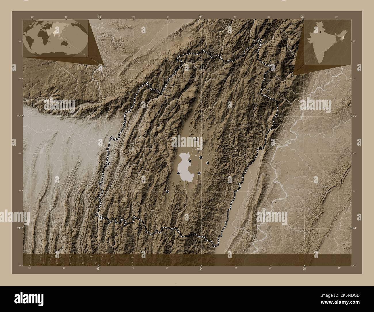 Manipur, state of India. Elevation map colored in sepia tones with ...