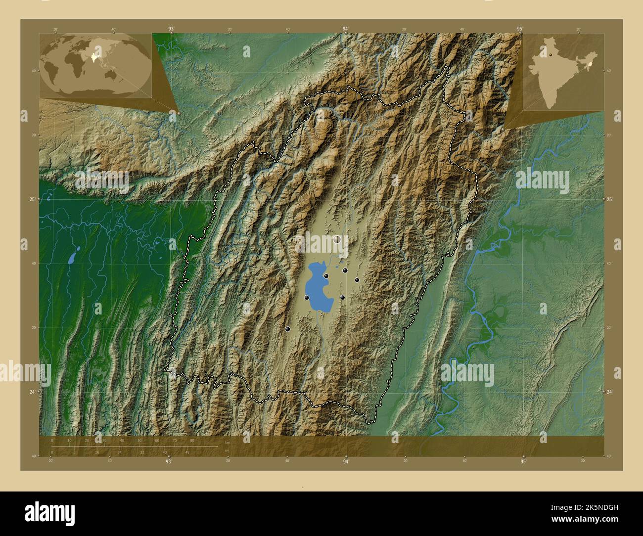 Manipur, state of India. Colored elevation map with lakes and rivers ...