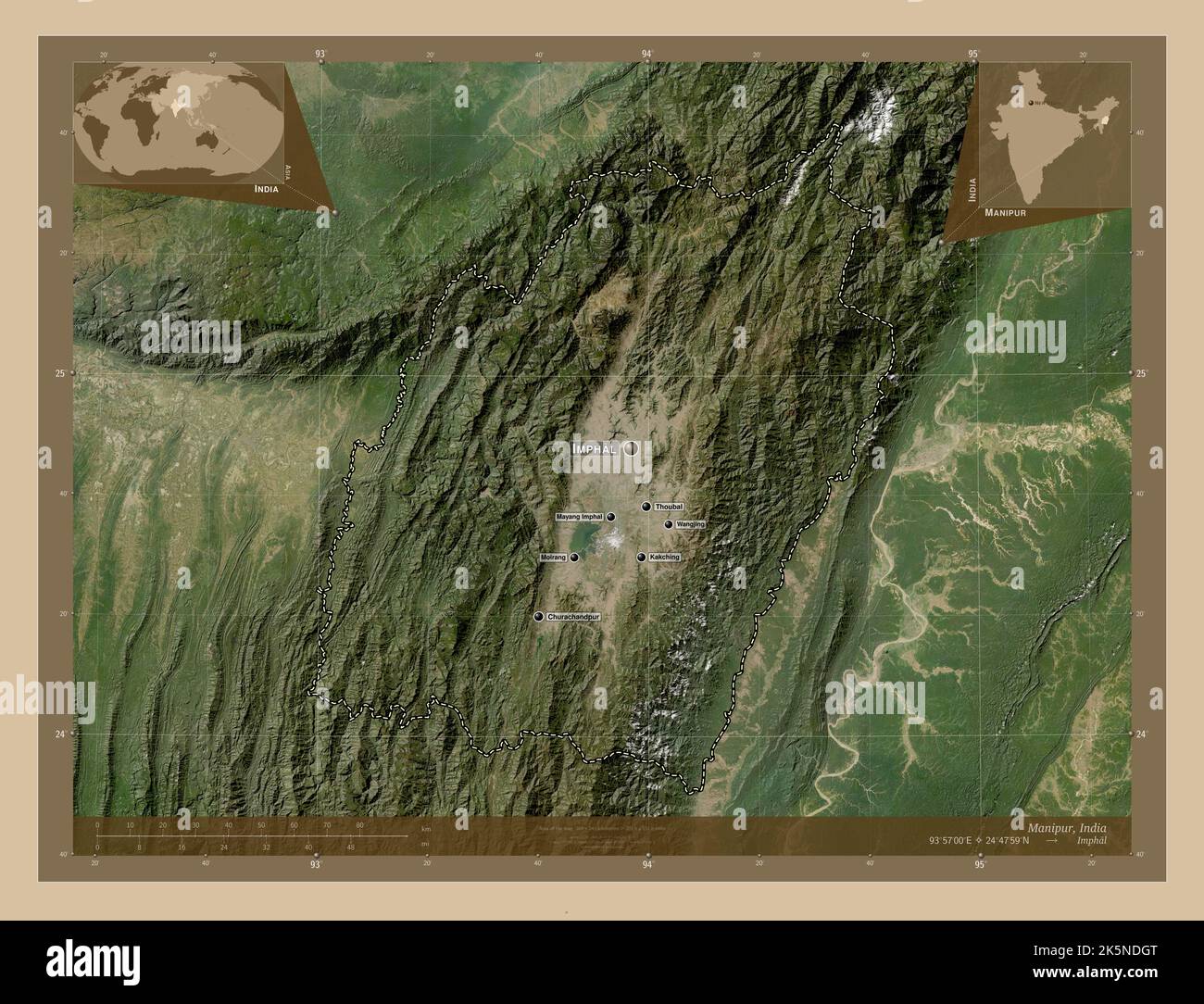 Manipur, state of India. Low resolution satellite map. Locations and ...