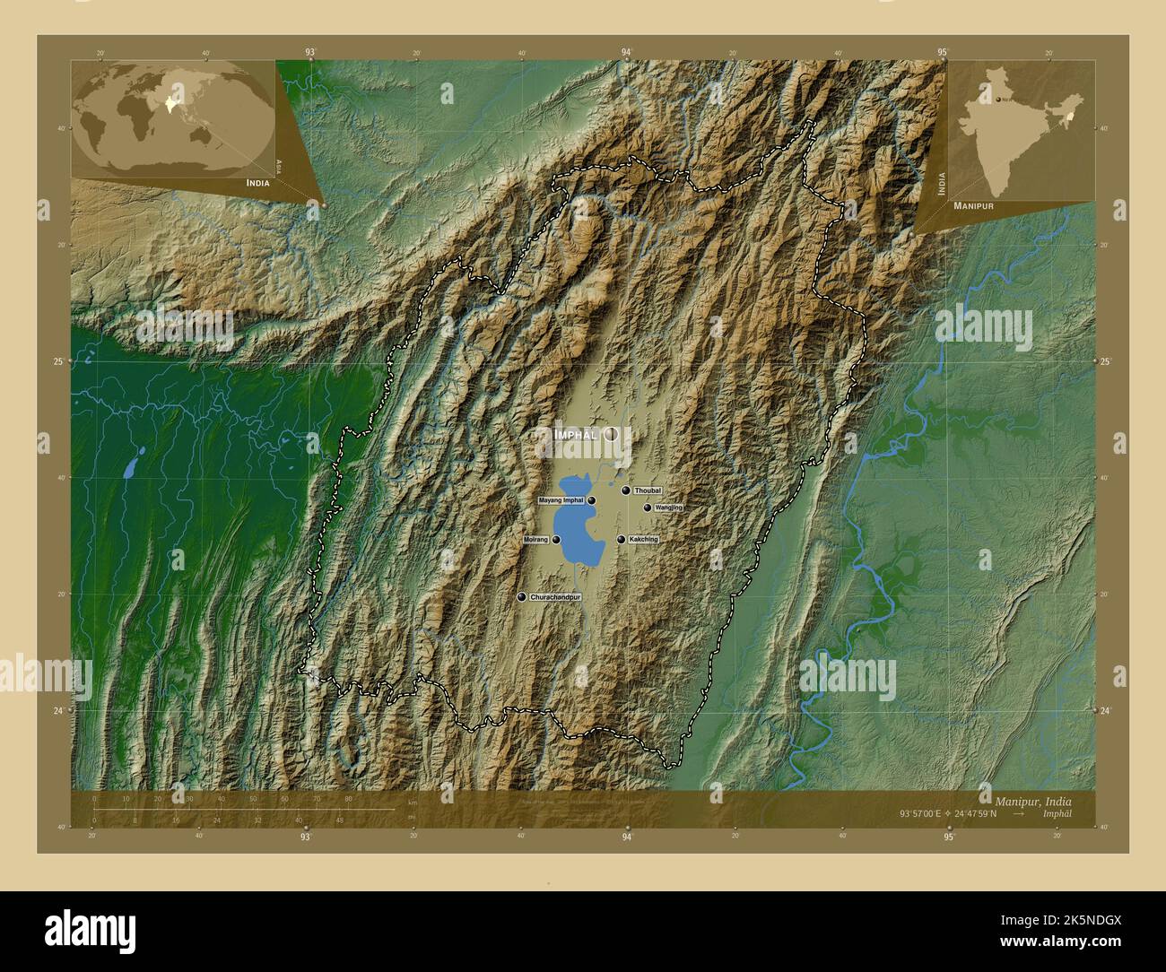 Manipur, state of India. Colored elevation map with lakes and rivers ...
