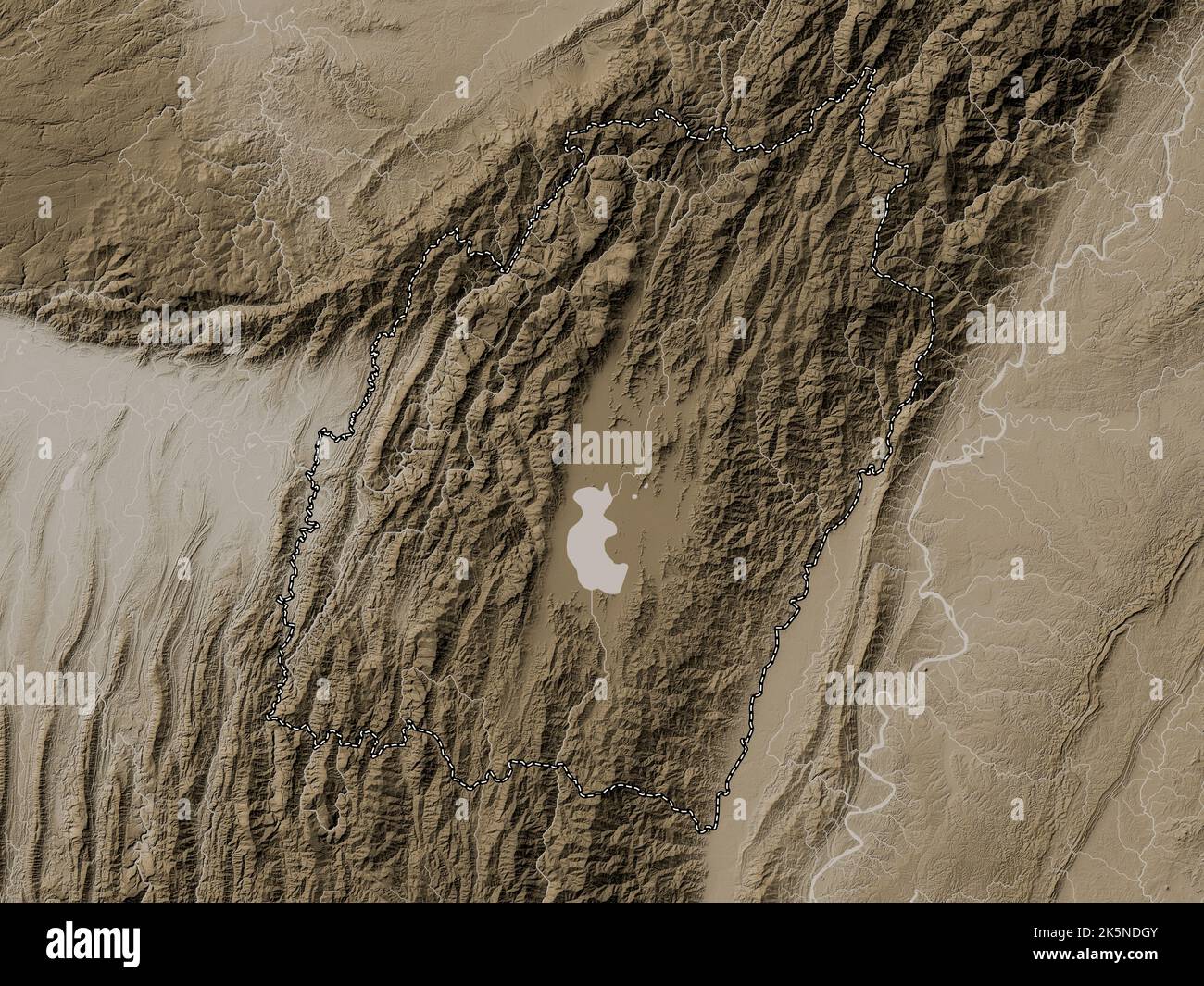 Manipur, state of India. Elevation map colored in sepia tones with ...