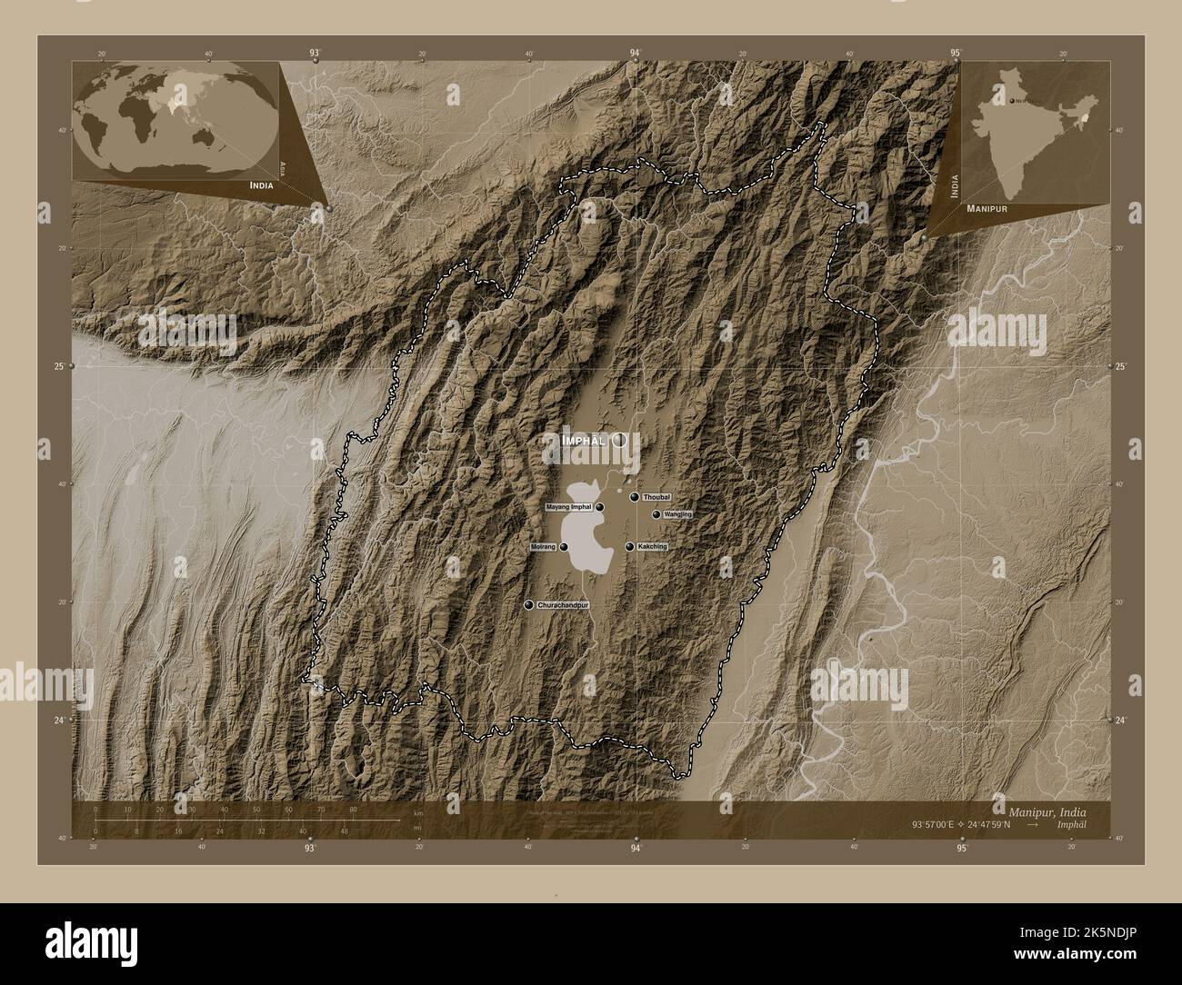 Manipur, state of India. Elevation map colored in sepia tones with ...