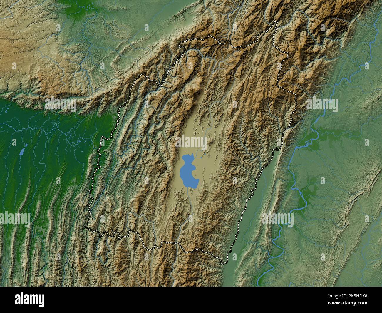 Manipur, state of India. Colored elevation map with lakes and rivers ...