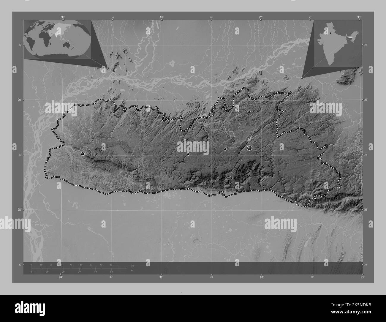 Meghalaya, state of India. Grayscale elevation map with lakes and ...