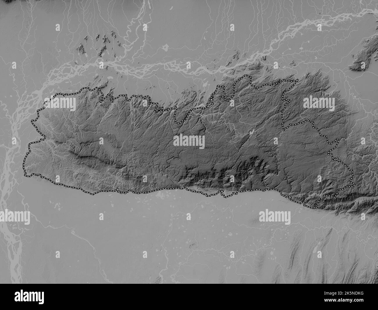 Meghalaya, state of India. Grayscale elevation map with lakes and ...