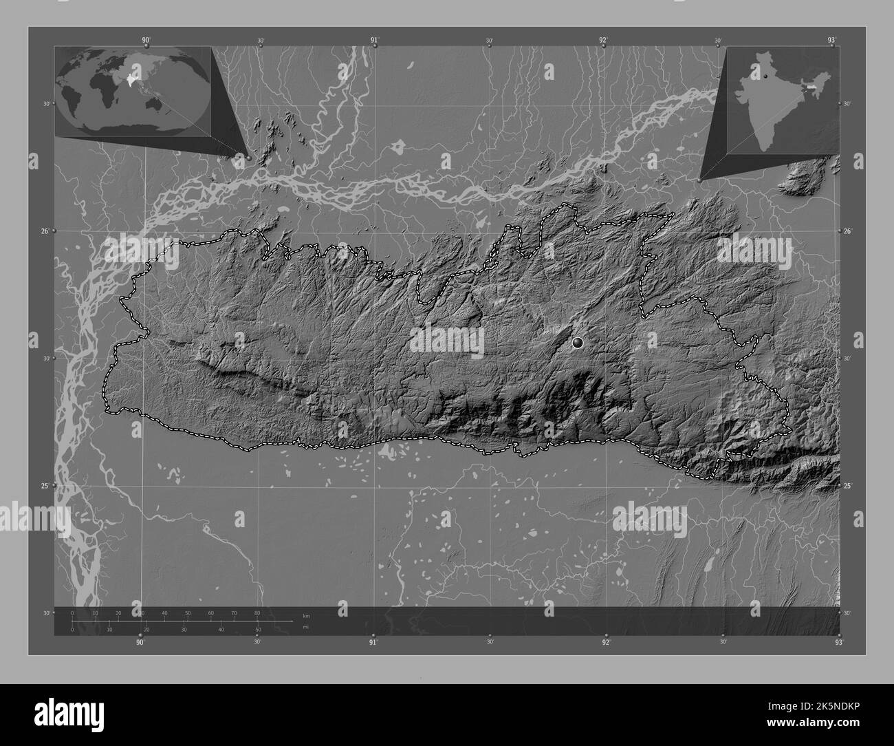 Meghalaya, state of India. Bilevel elevation map with lakes and rivers ...
