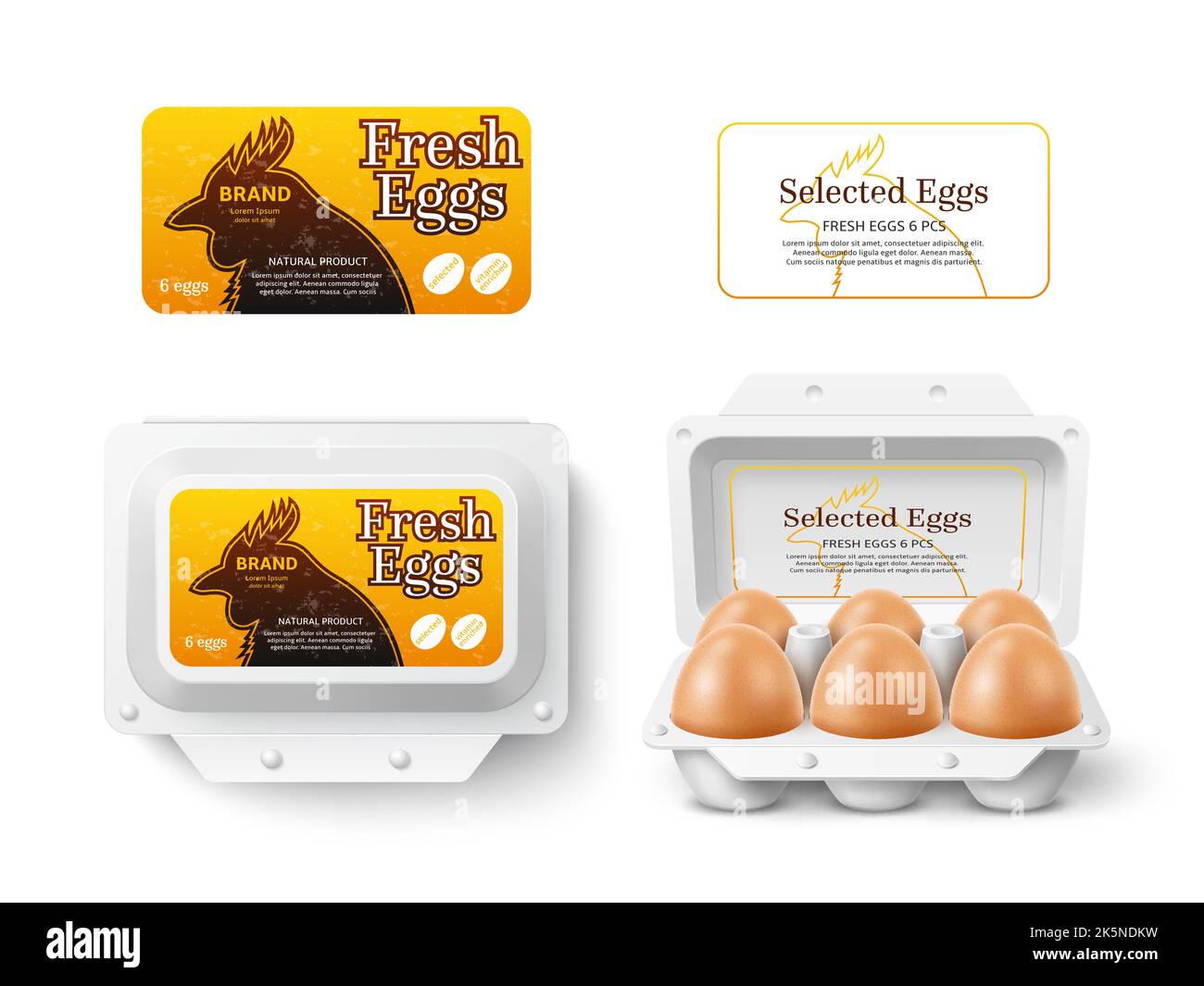 Hen eggs package design mockup. Box with stickers, farm fresh chicken ...