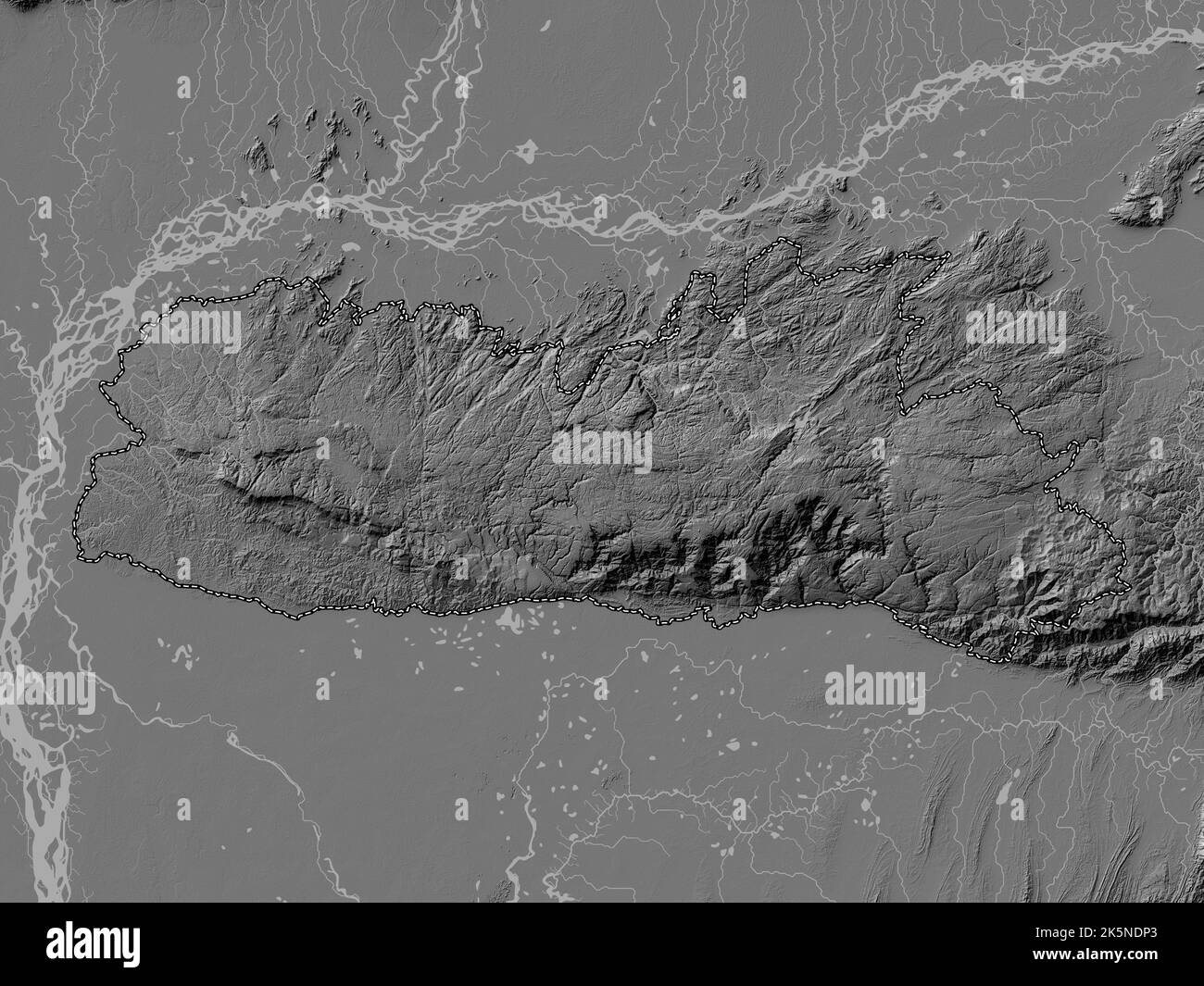 Meghalaya, state of India. Bilevel elevation map with lakes and rivers ...