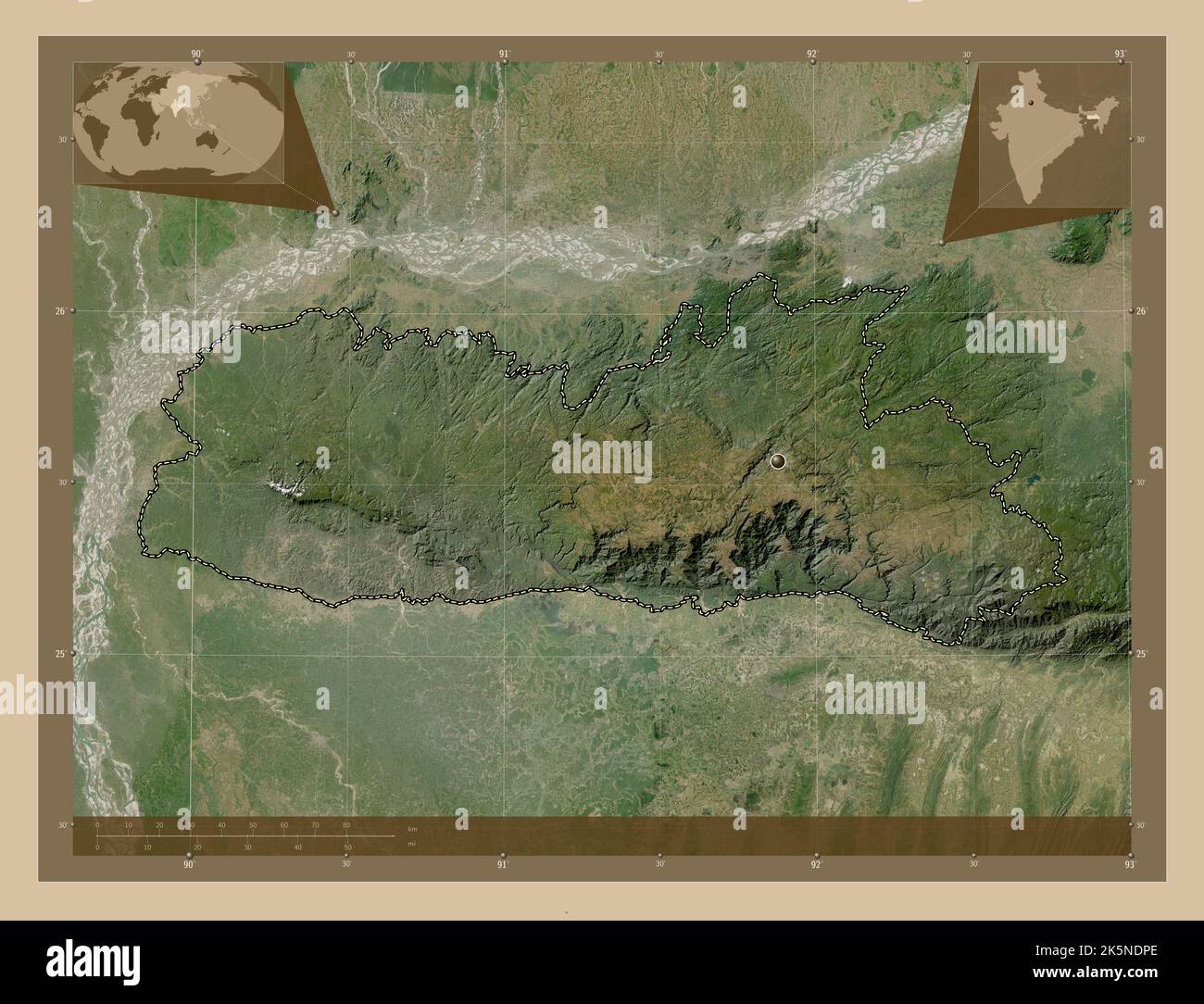 Meghalaya, state of India. Low resolution satellite map. Corner ...