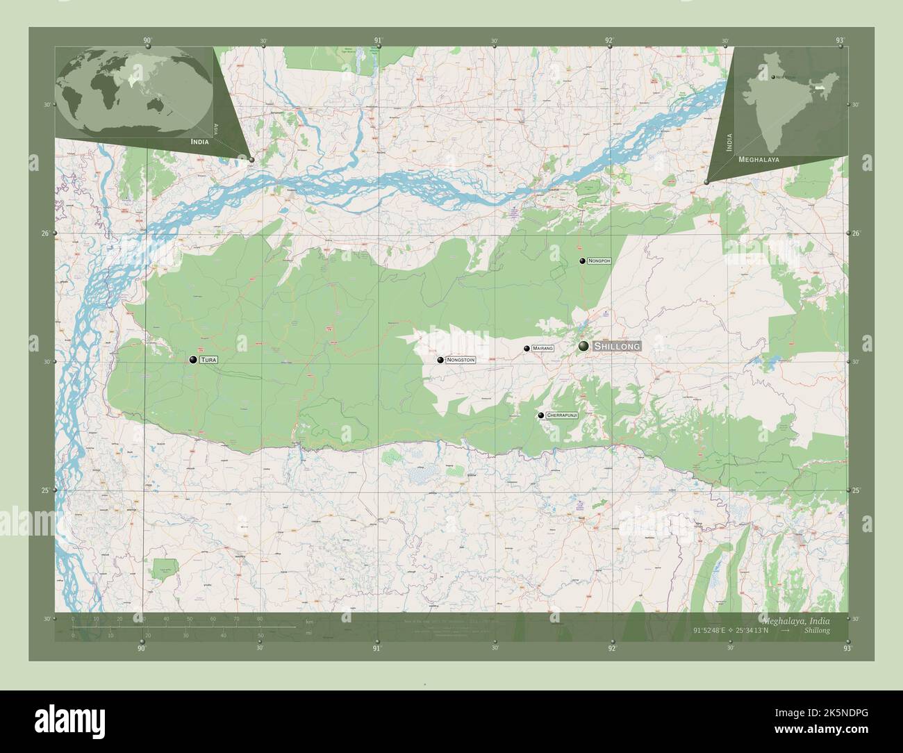 Meghalaya, state of India. Open Street Map. Locations and names of ...