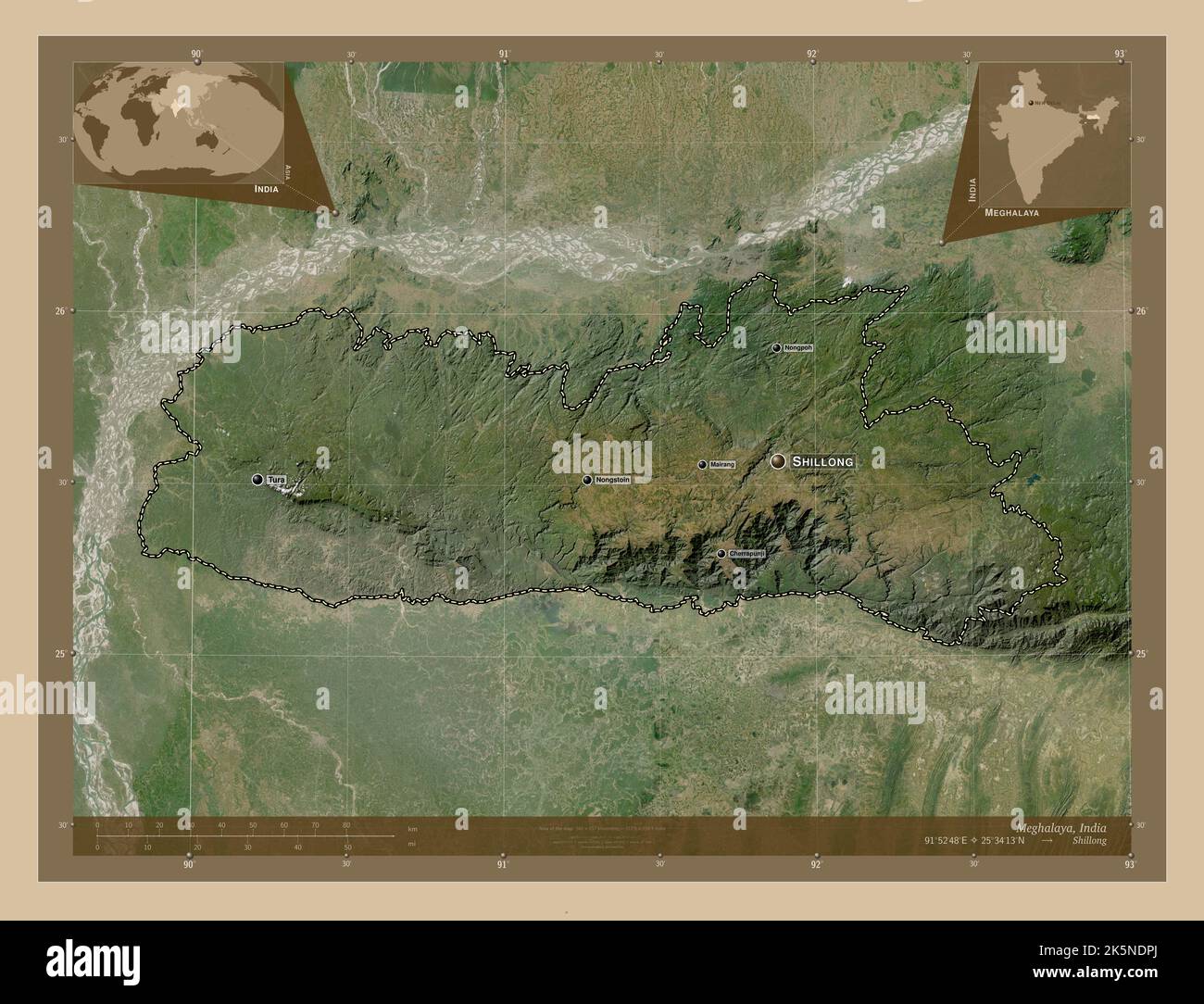 Meghalaya, state of India. Low resolution satellite map. Locations and ...