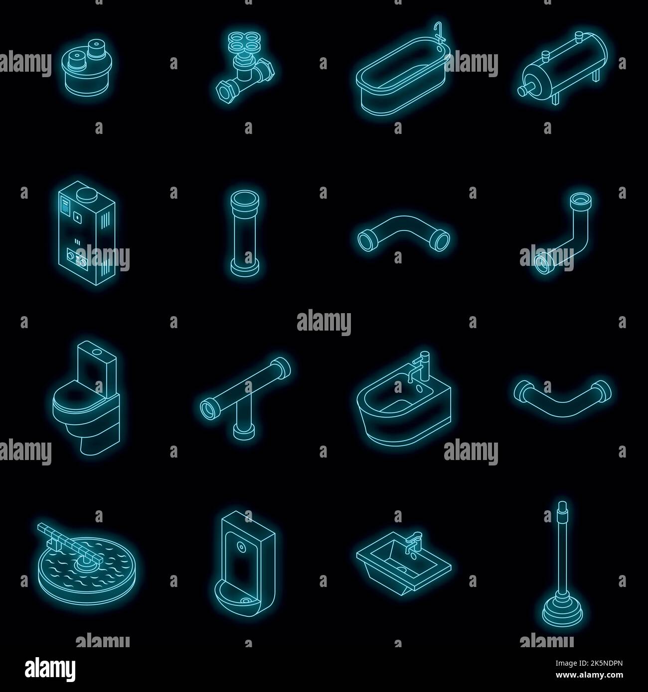 Sewerage icons set. Isometric set of sewerage vector icons neon color ...