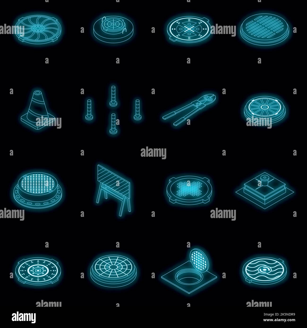 Manhole icons set. Isometric set of manhole vector icons neon color on ...
