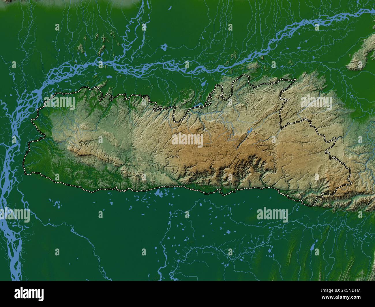 Meghalaya, state of India. Colored elevation map with lakes and rivers ...