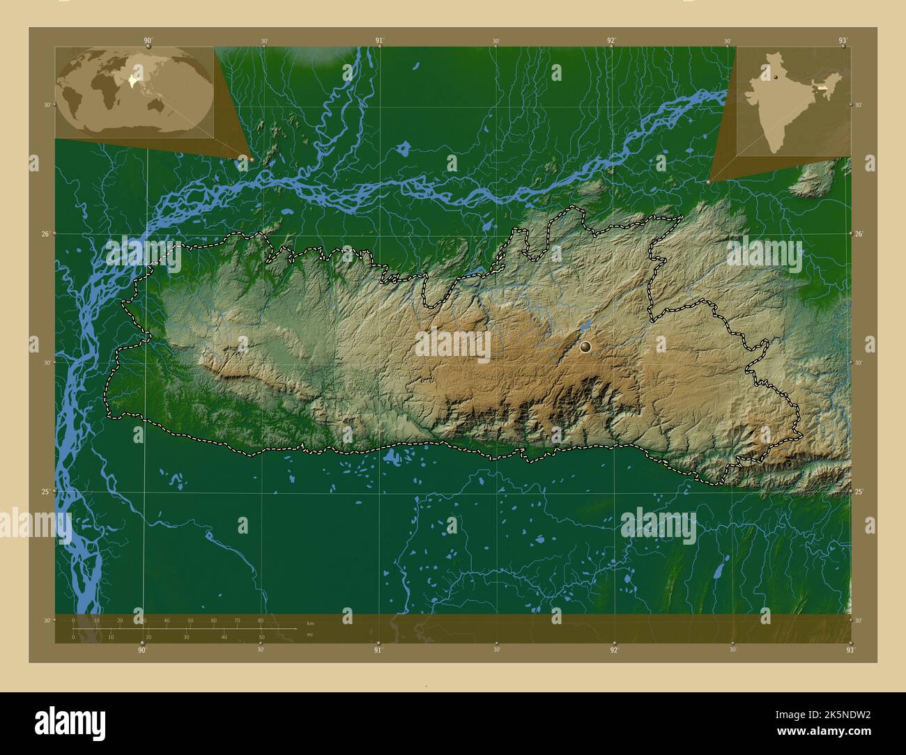 Meghalaya, state of India. Colored elevation map with lakes and rivers ...