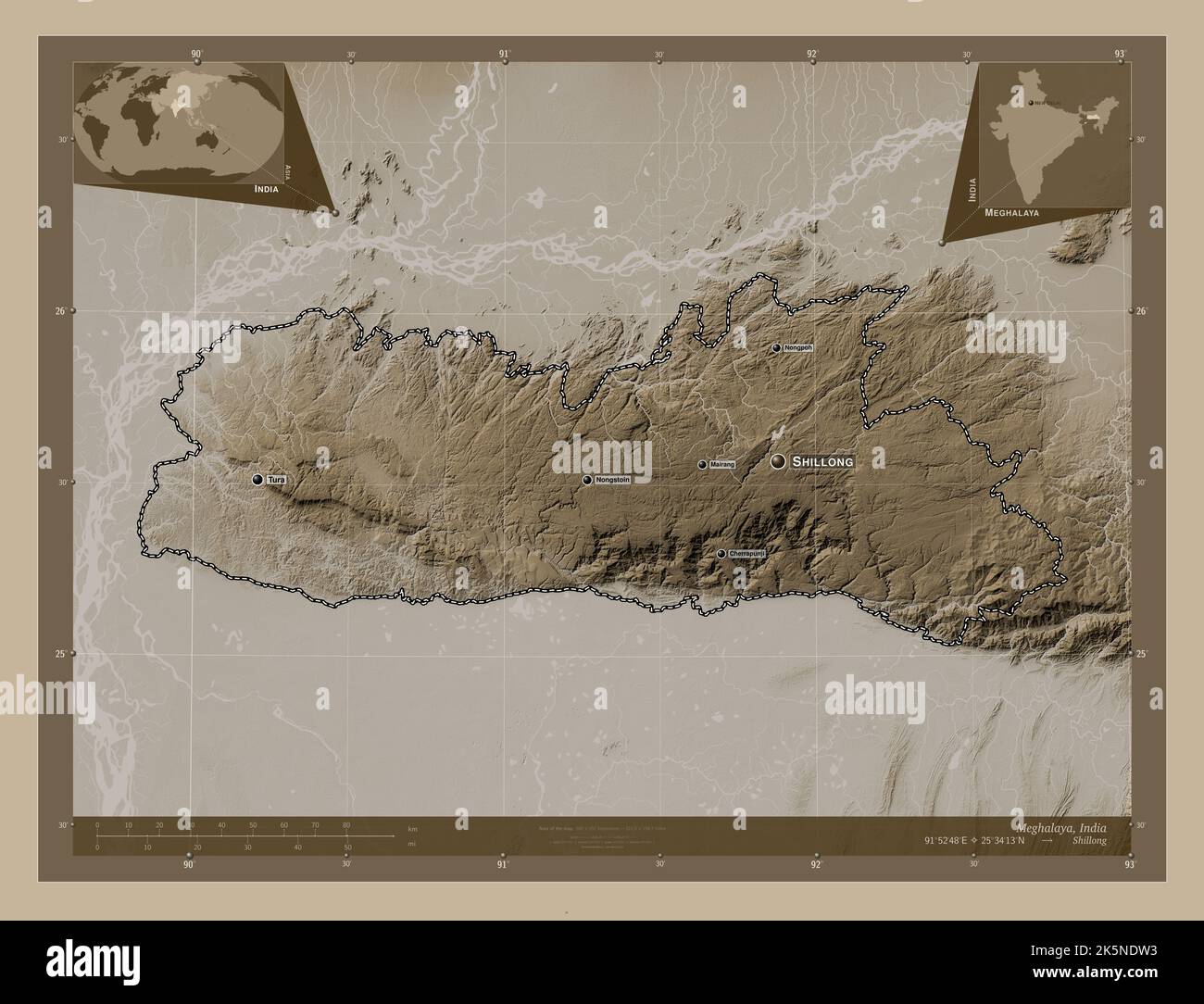 Meghalaya, state of India. Elevation map colored in sepia tones with ...