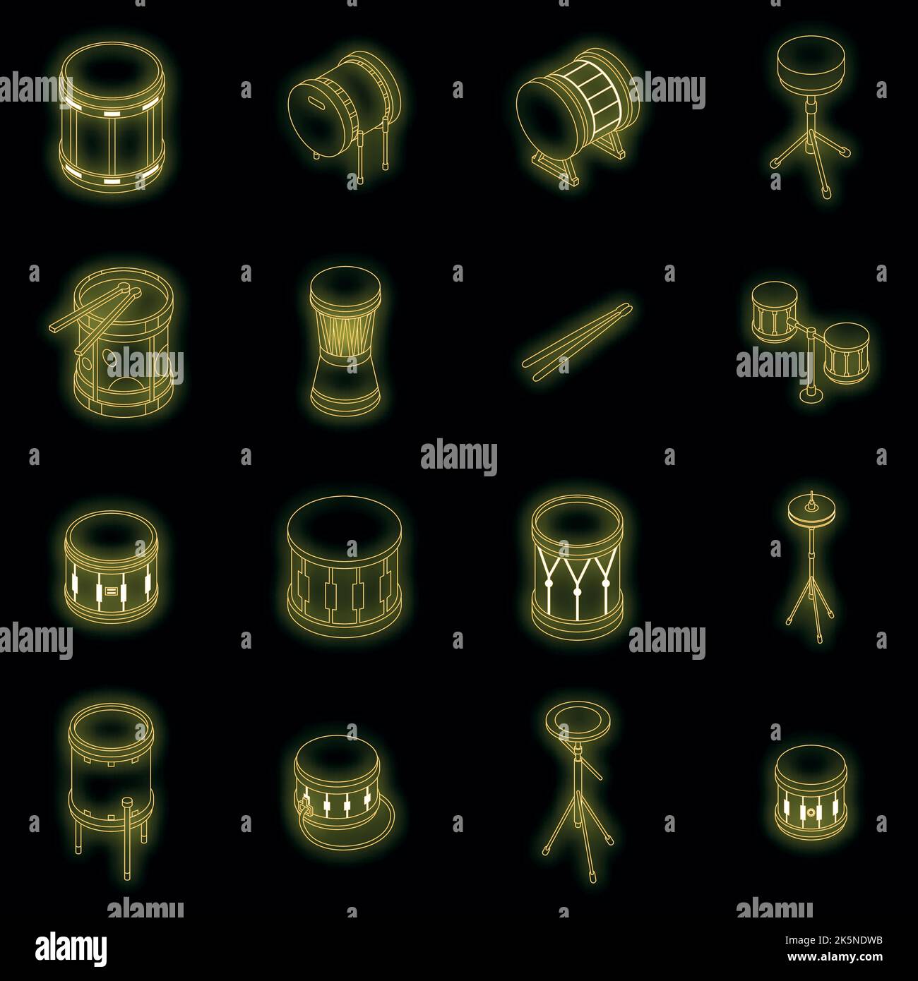 Drum icons set. Isometric set of drum vector icons neon color on black ...