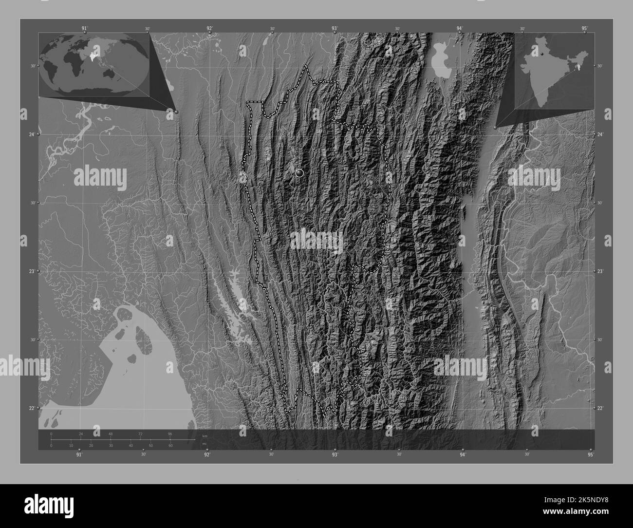 Mizoram, state of India. Bilevel elevation map with lakes and rivers ...