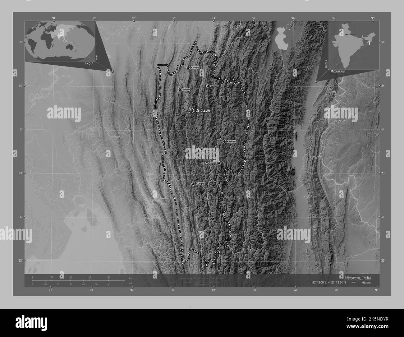 Mizoram, state of India. Grayscale elevation map with lakes and rivers ...
