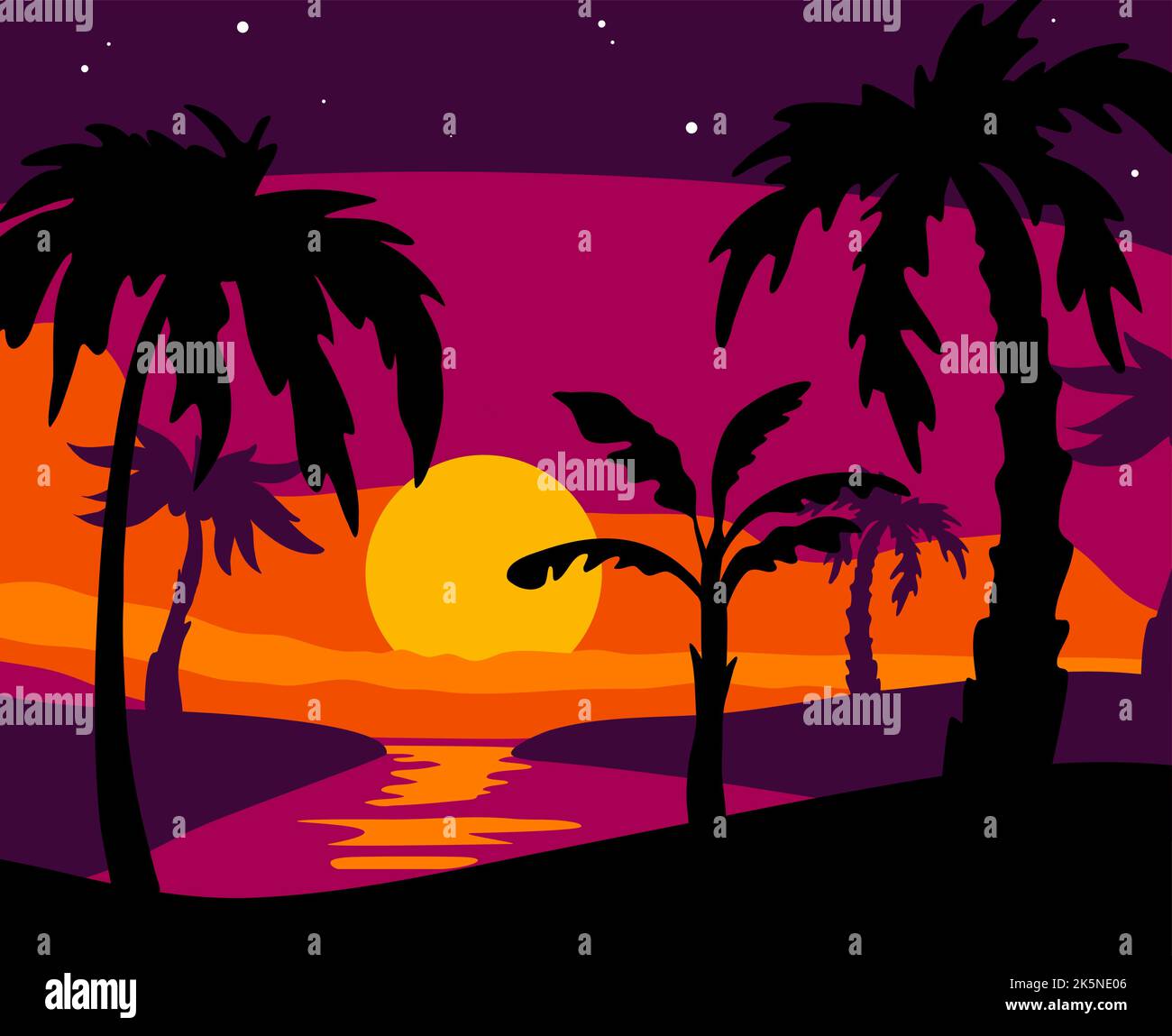 Palm silhouettes background. Beach tropical trees, sea evening, black ...